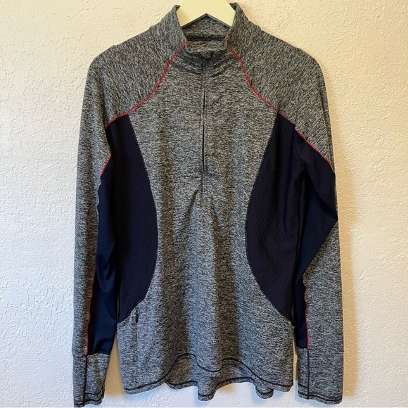 Athleta | Tops | Athleta Running Wild Half Zip Gray Navy Blue ...